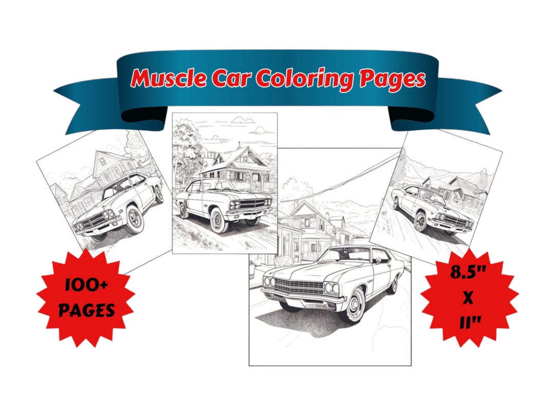 Muscle Car Coloring Pages 100 Pages Set, Coloring Book, Mindfulness ...