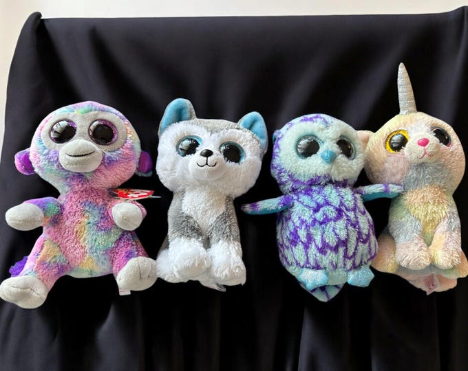 4 Ty Beanie Boo / Zuri the Tie-dye Monkey / Heather the Unicorn Cat ...