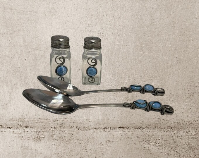 Serving Spoons With Matching Salt & Pepper Shakers Blue Jeweled and ...