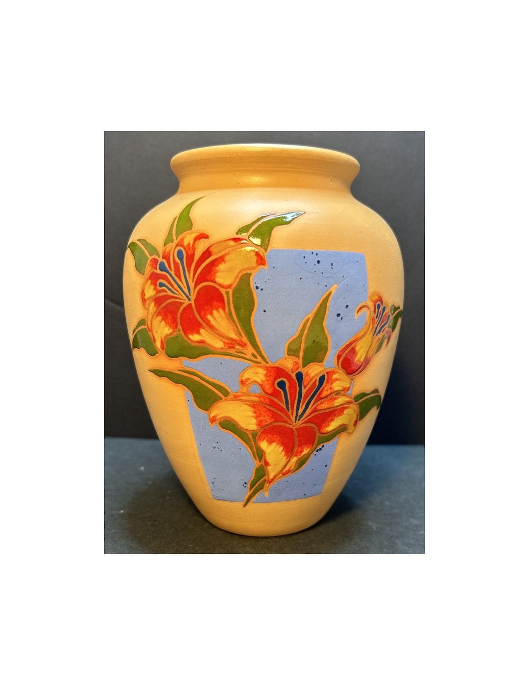 Beautiful Enameled Hand Painted Lily Flower Stoneware Folk Art Pottery ...
