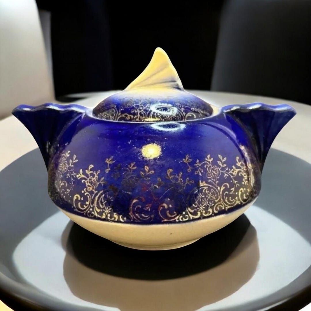 1950's French Saxon China Lidded Sugar Bowl in Blue With 22k Gold ...