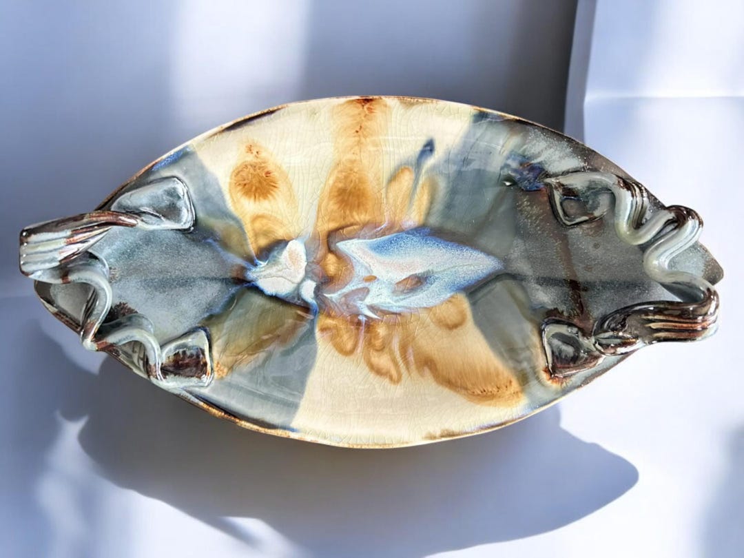 Handmade Desert Colors Glazed Platter With Slab Ribbon Curved Handles ...