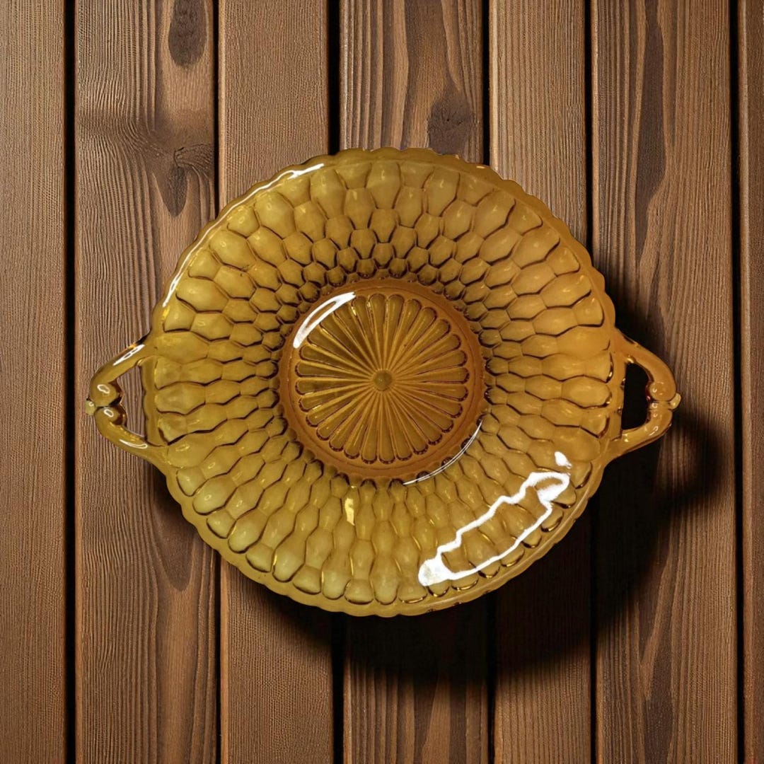 Honeycomb Design Indiana Glass Amber Colored Cut Pressed Glass Serving ...