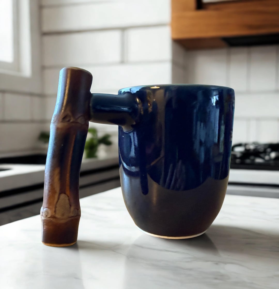 Hakka Blue Japanese Ceramic Cup Mug Natural Bamboo Stalk Handle Unique ...