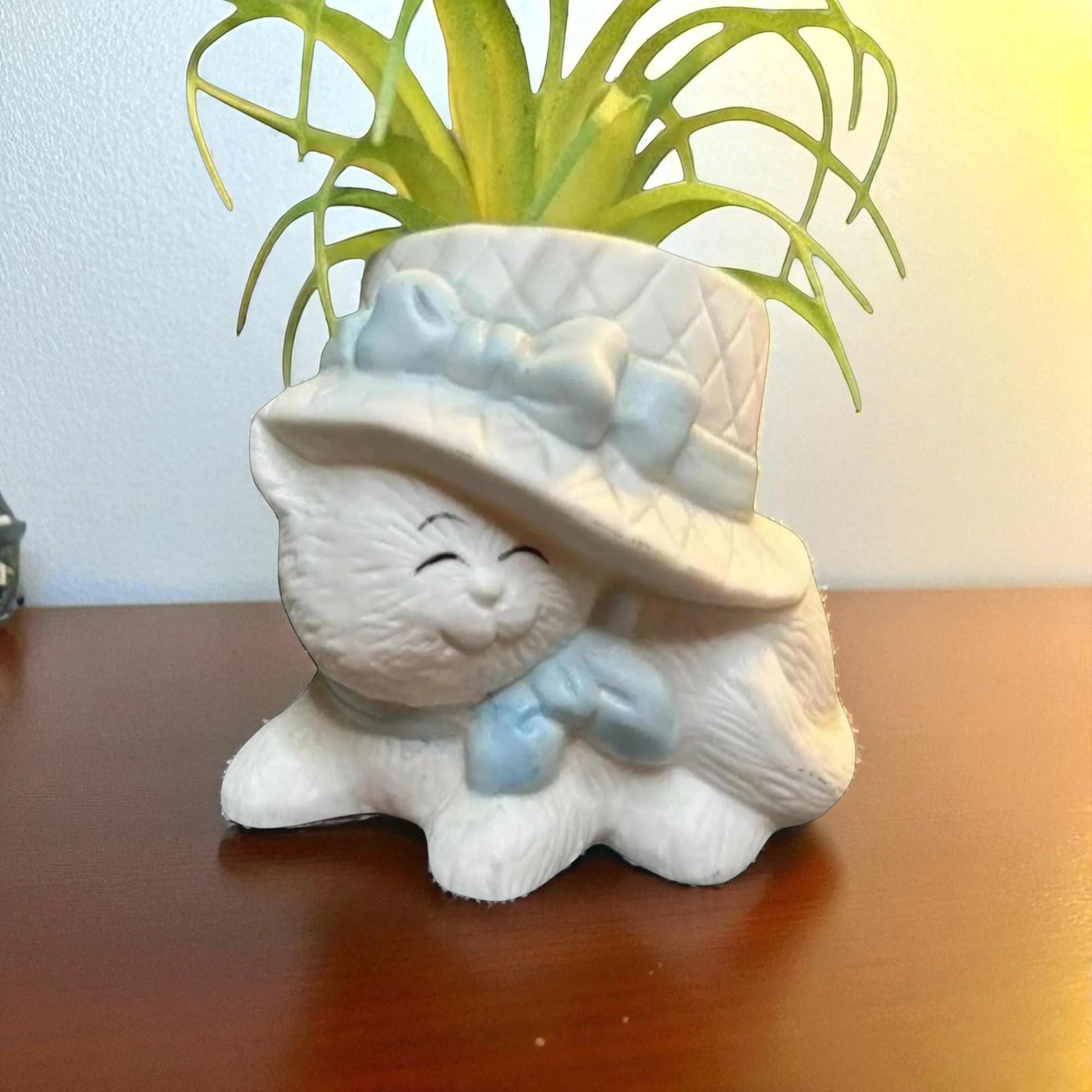 Beautiful White Pottery Cat With Bonnet and Blue Ribbons Succulent Pot ...