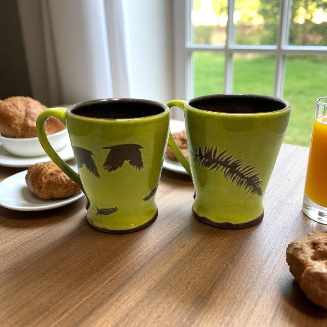 Matched Pair Etched Engraved Studio Pottery Green Coffee Mugs Cups ...