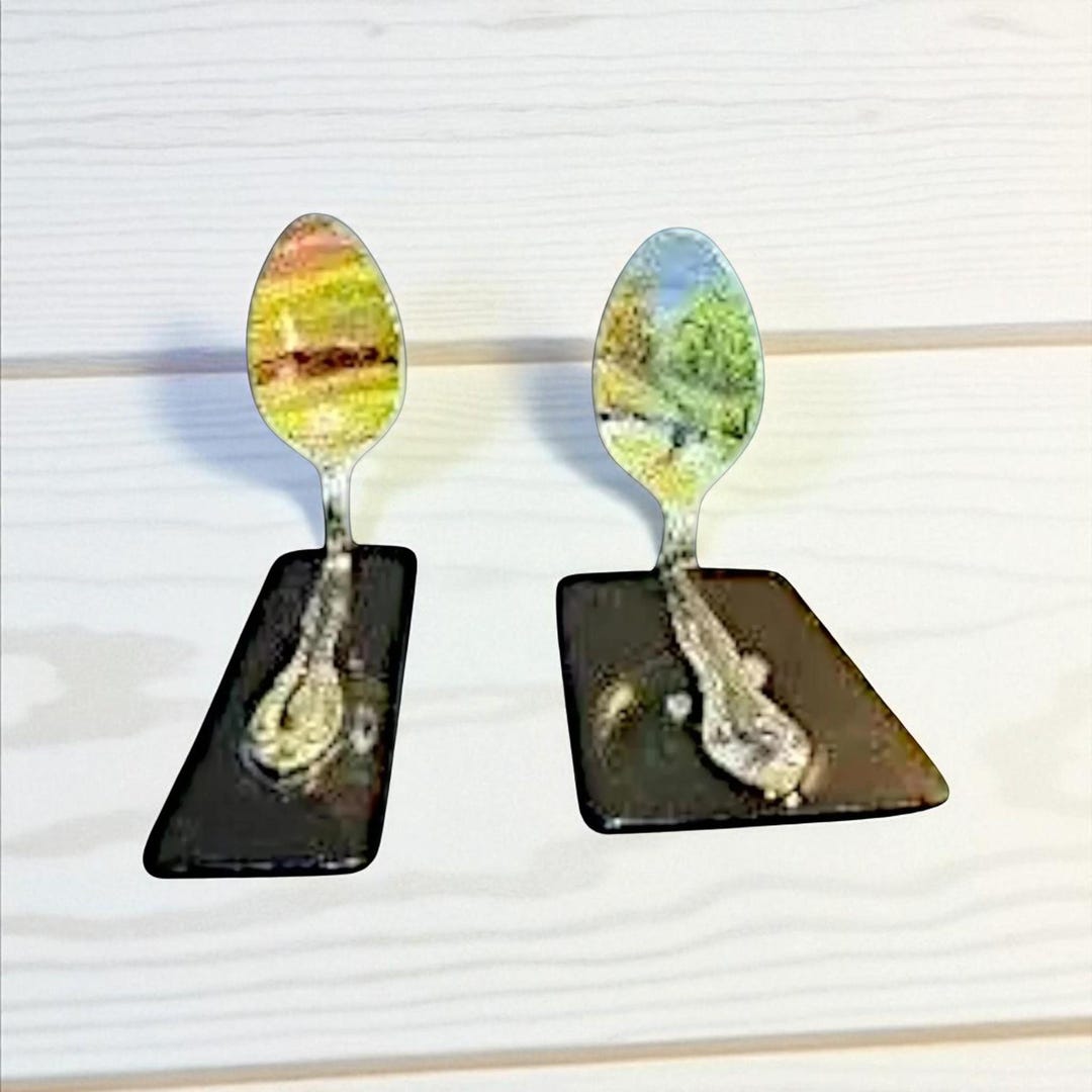 Rare Set (2) Hand Painted Metal Spoons With Sunset Nature Scenes Set on ...