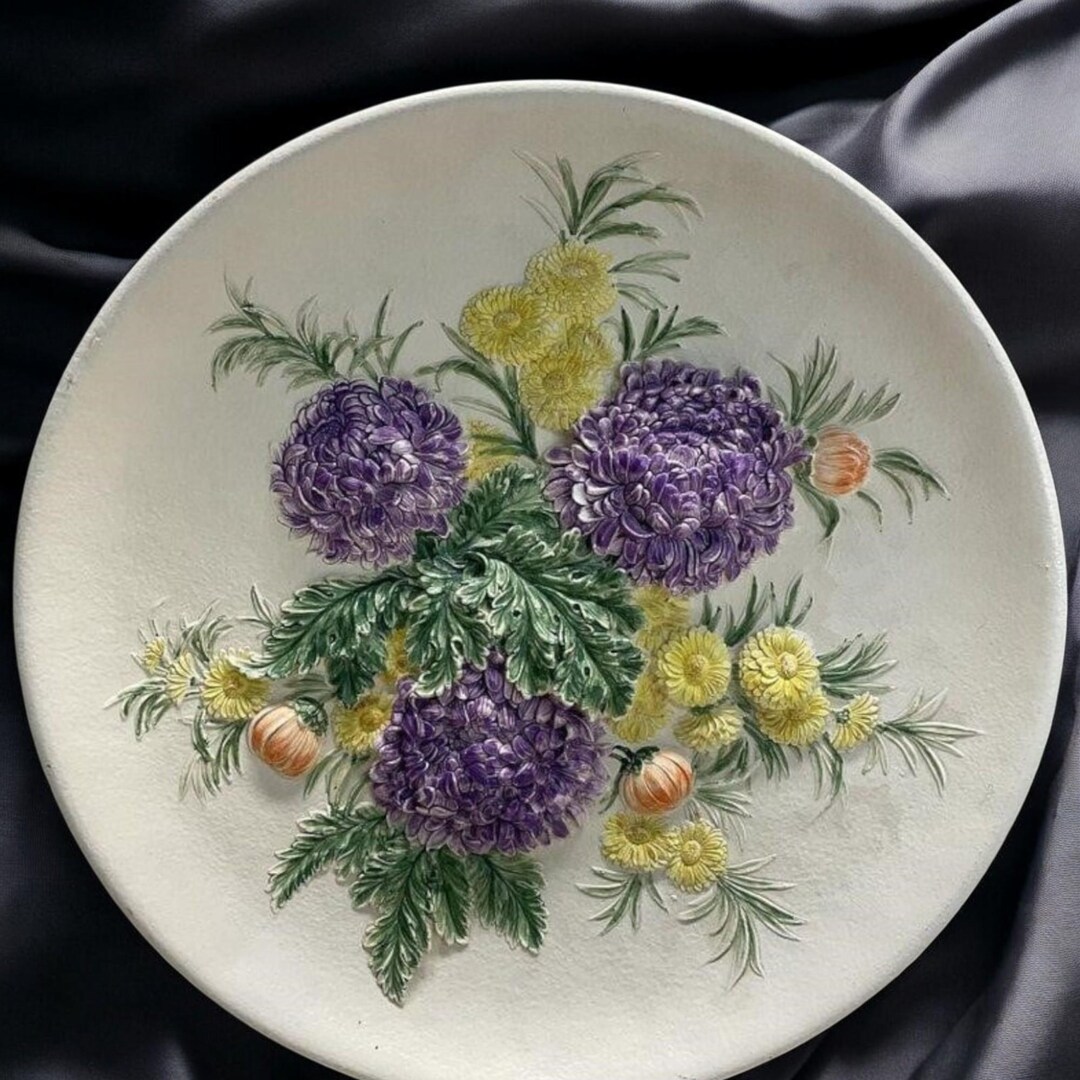 WH Bossons Floral Hand Painted Chalkware Plaque 3D Plate Devonware ...