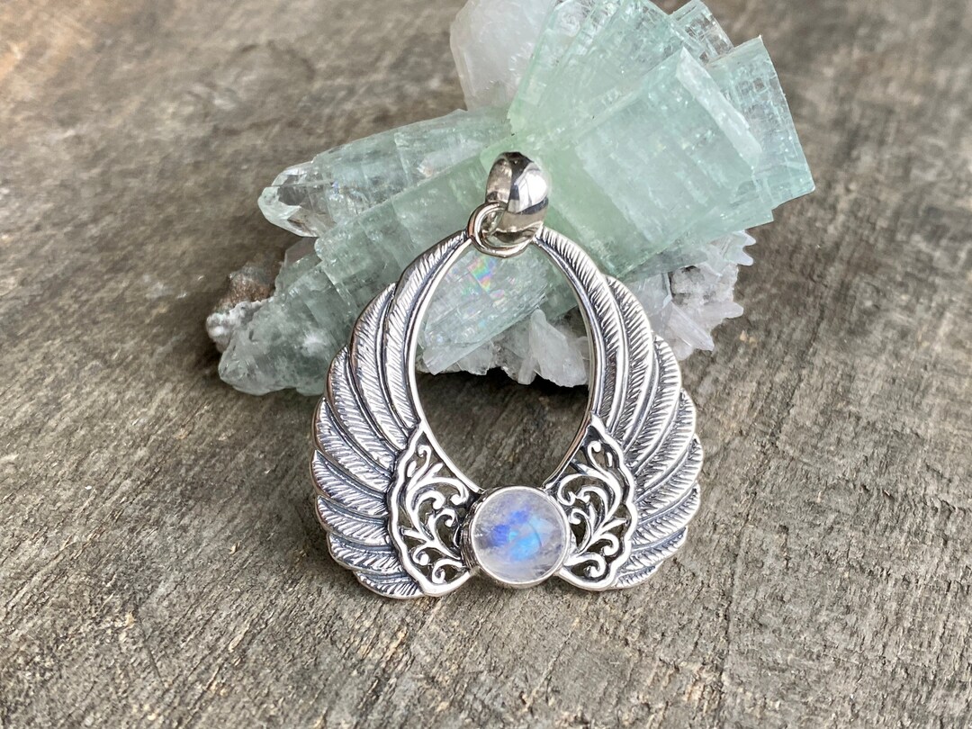 Moonstone 925 Silver Handmade Angel Wings Pendant Crystal Healing ...