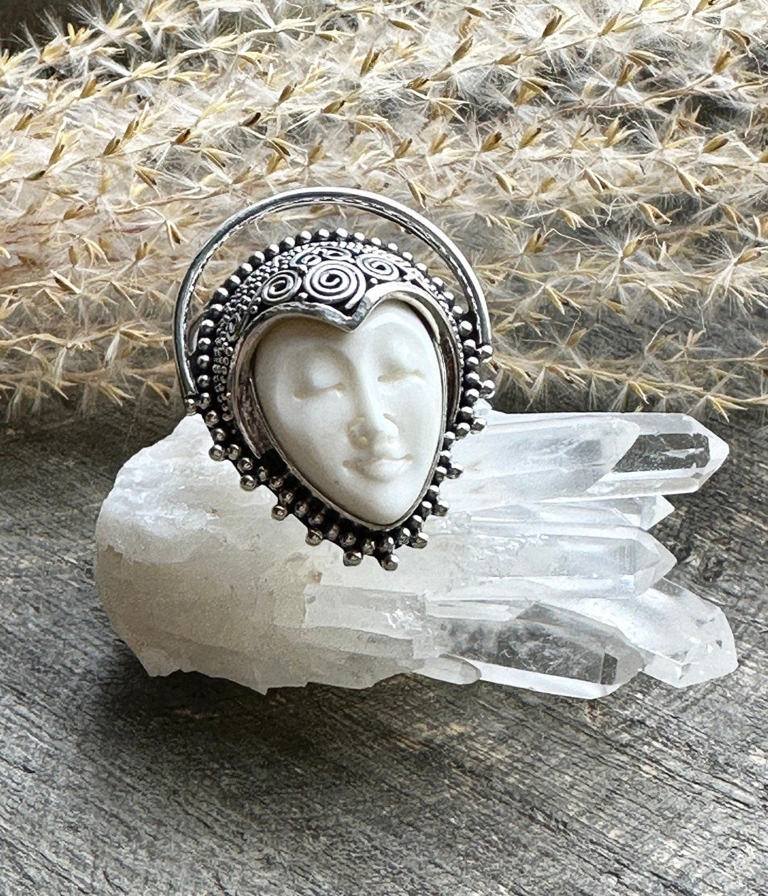 Divine Harmony: Carved Bovine Bone Goddess Ring in Solid 925 Silver - Etsy
