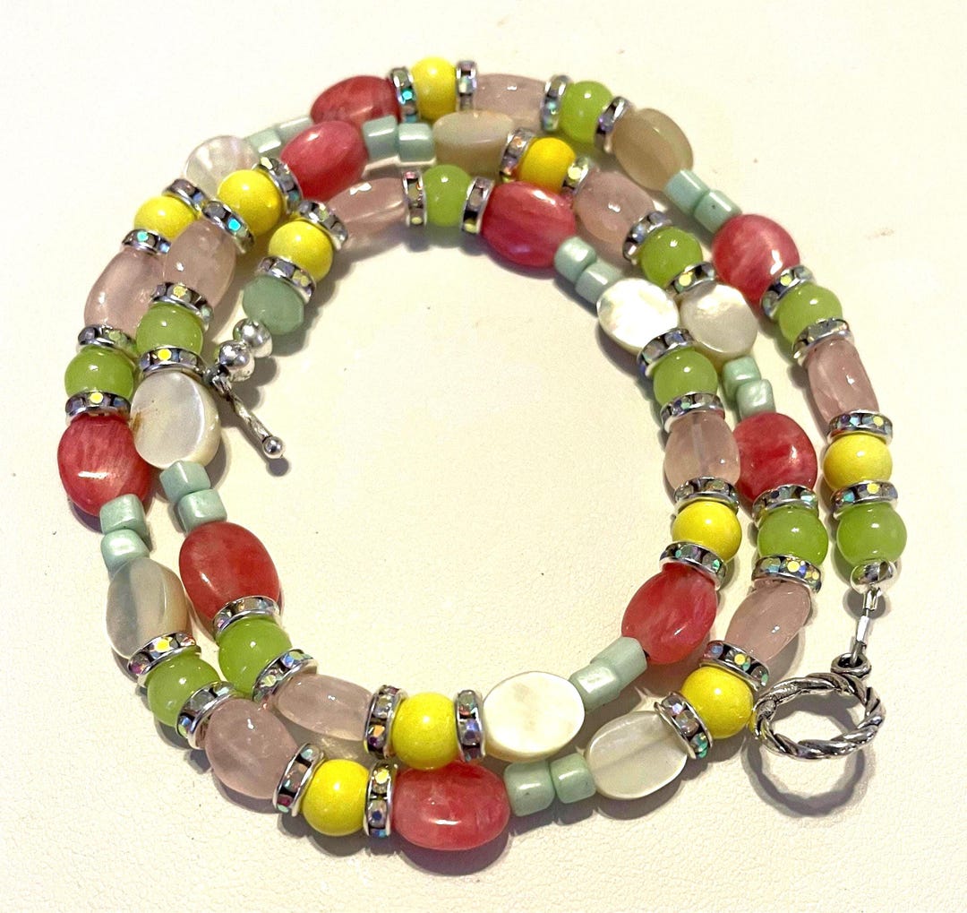 Hand Beaded Pastel Necklace: Rose Quartz, Mother of Pearl, Spring ...