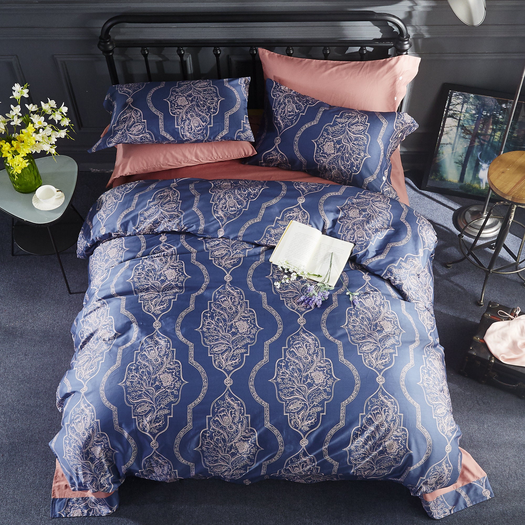 Vintage Boho Damask Medallion Floral Cotton Duvet Cover Muted Navy Blue ...