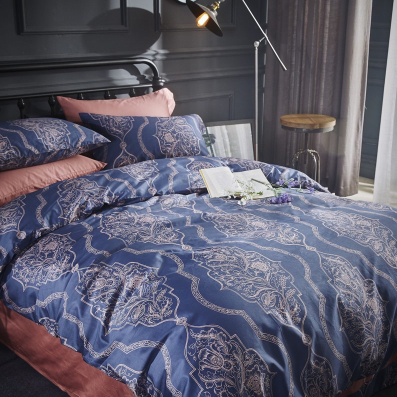 Vintage Boho Damask Medallion Floral Cotton Duvet Cover - Muted Navy ...