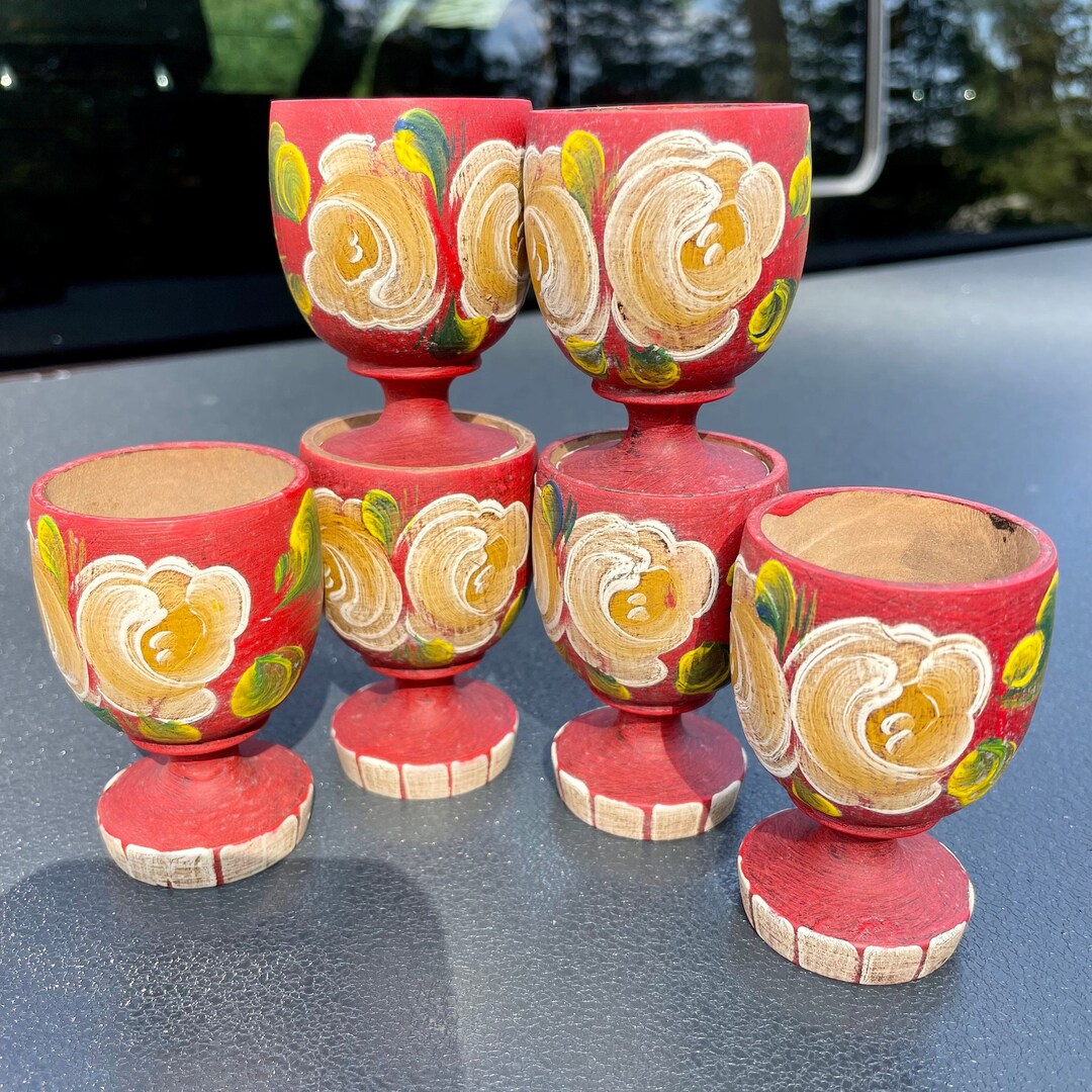 Set of 6 Wooden Hand Turned and Painted Egg Cups From Val Gardena ...