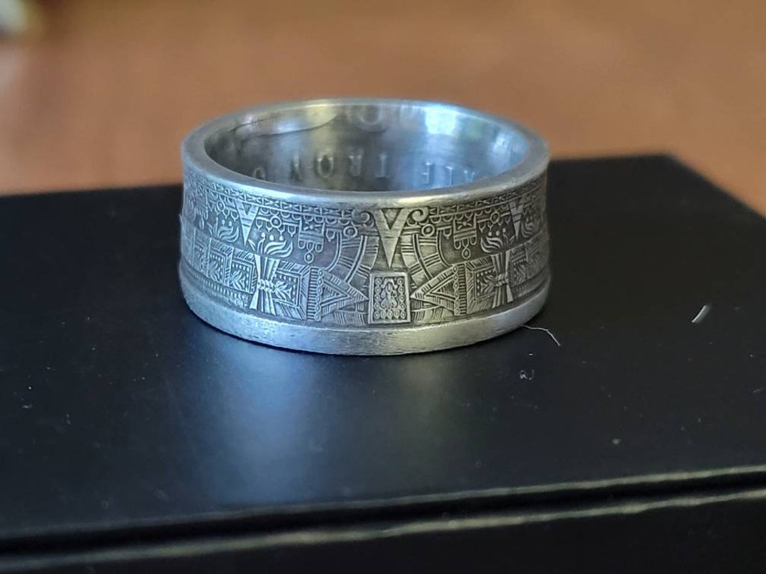 Small Silver Aztec Calendar Ring - Silver Coin Ring - Silver Mexican ...