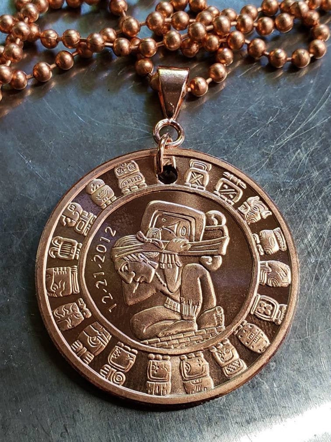 Copper Maya Calendar Necklace - Copper Coin Necklace - Copper Maya ...