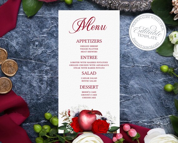 Snow White Menu Editable Template Wedding Menu Instant | Etsy