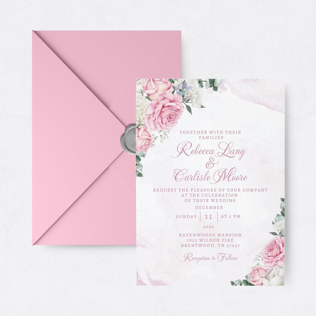 Watercolor Wedding Invitation Template Printable, Elegant Rose Invite ...