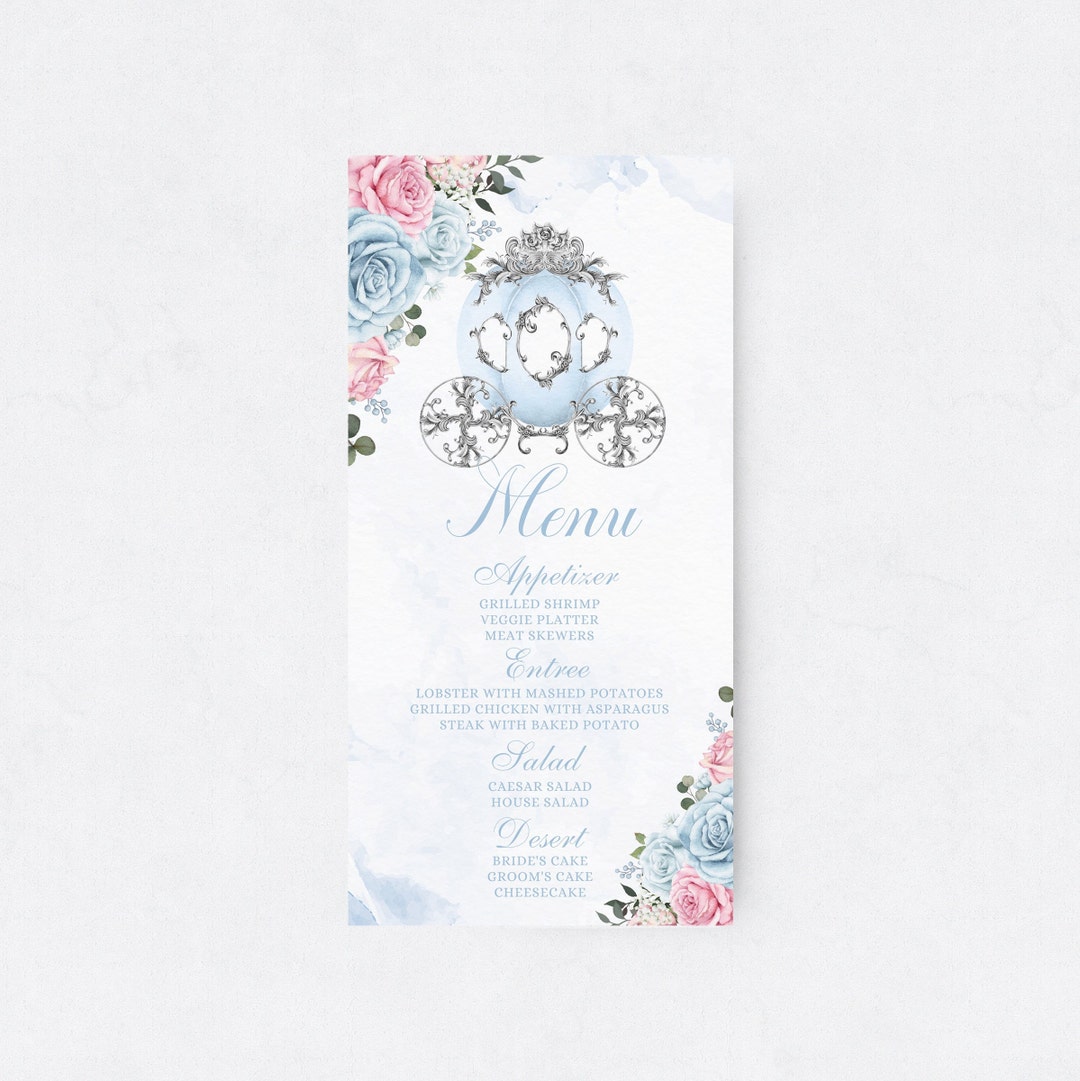 Cinderella Wedding Menu Template, Watercolor Menu, Rose Table Decor ...