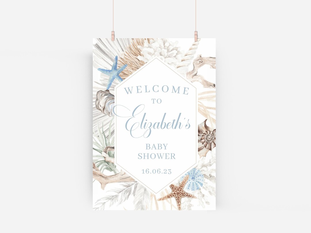 Watercolor Seashells Welcome Sign: Beach Baby Shower (canva Template ...