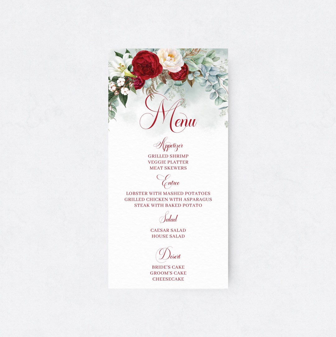 Watercolor Rose Wedding Menu Template, Eucalyptus Menu, Greenery Table ...