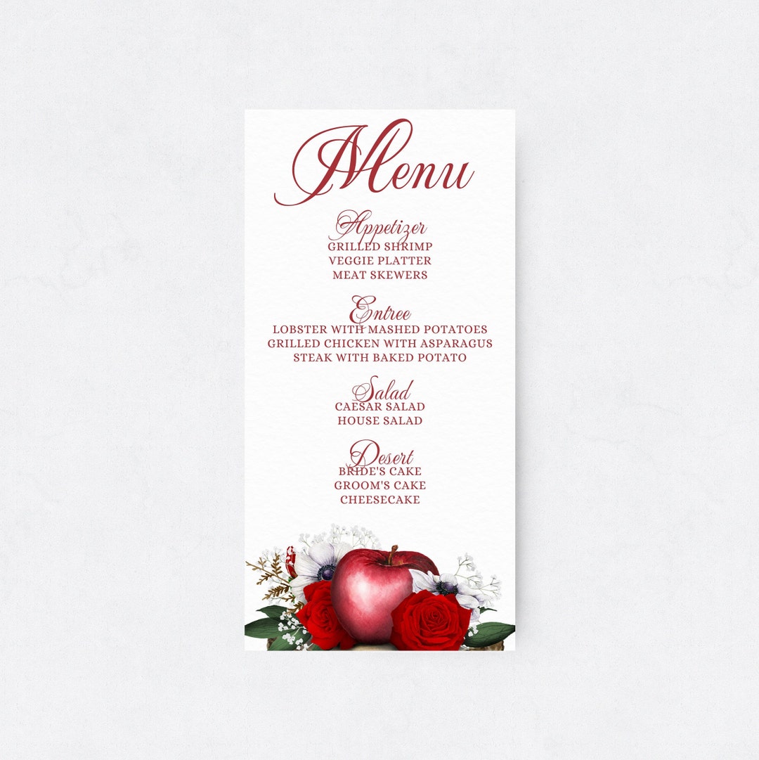 Snow White Menu, Editable Template, Wedding Menu, Instant Download ...