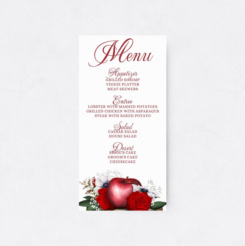 Snow White Menu Editable Template Wedding Menu Instant - Etsy