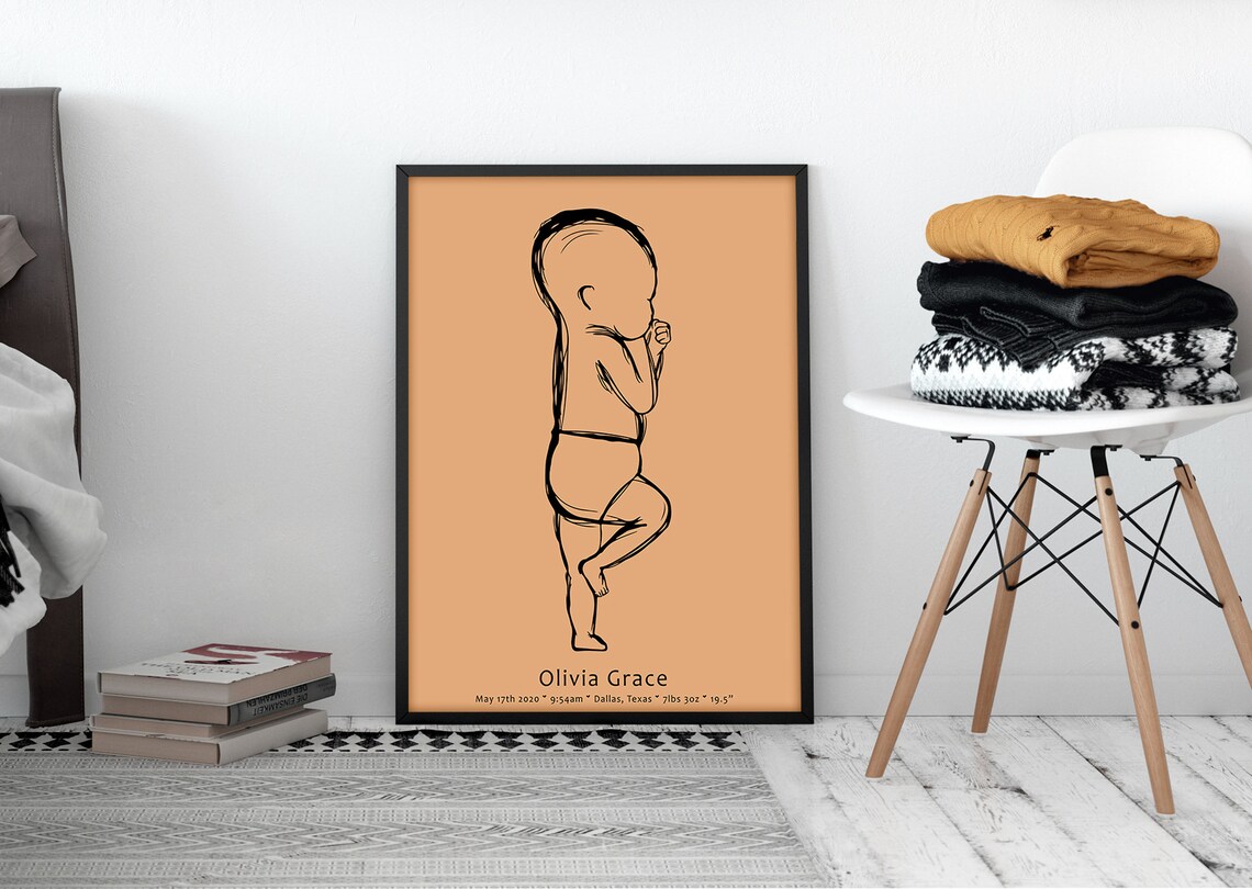 THE BIRTH POSTER in Scale 1:1 Baby Sketch Custom Newborn | Etsy
