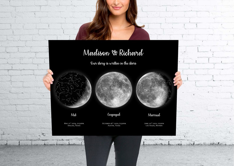 Met Engaged Married 3 Location MOON Phase STAR Map, Personalized ...