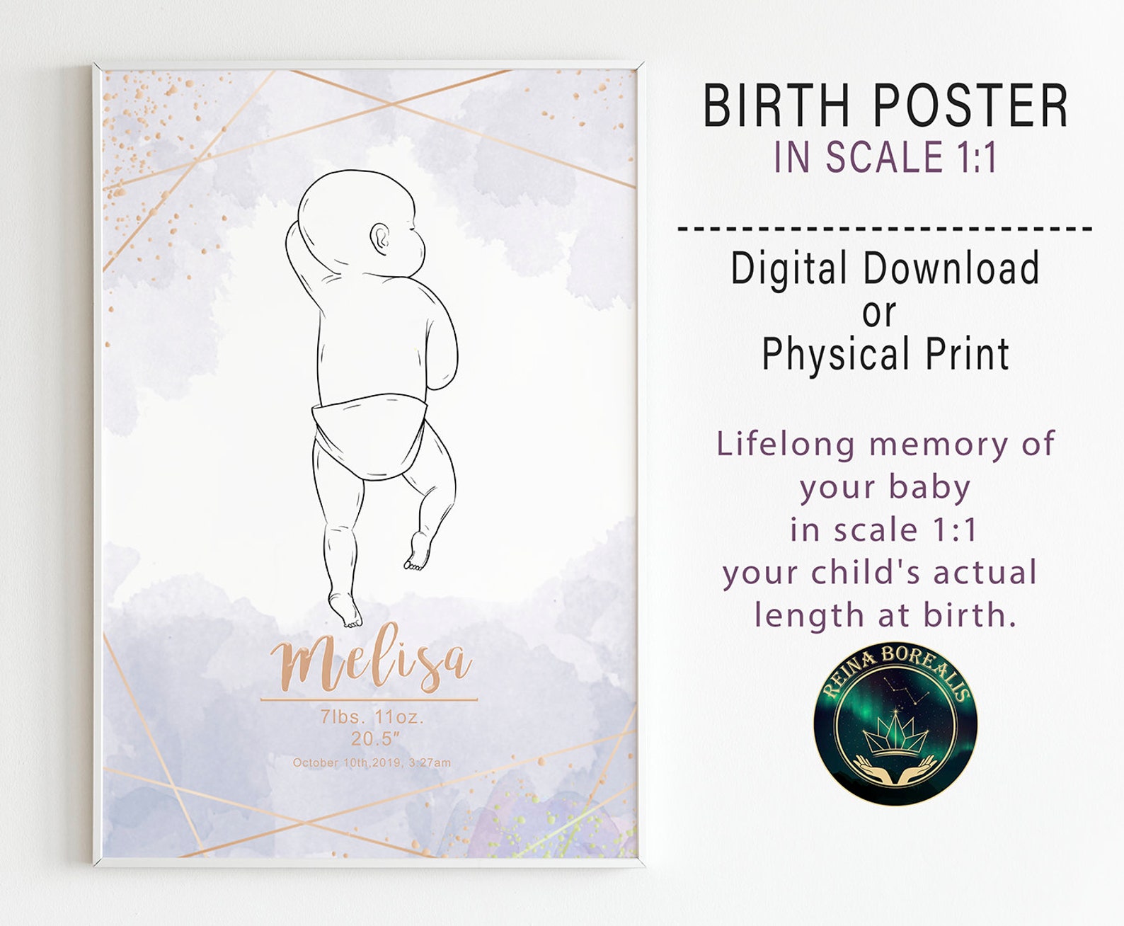 Birth Poster in Scale 1:1, Personalized Baby Poster, Custom Newborn ...