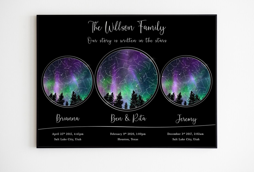 Custom Family Star Map Print, 3 Location Star Map, Personalized Mothers ...