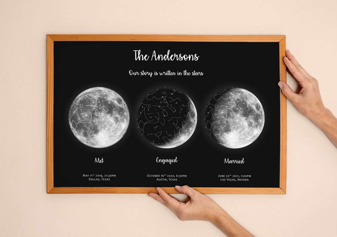 Met Engaged Married 3 Location MOON Phase STAR Map, Personalized ...