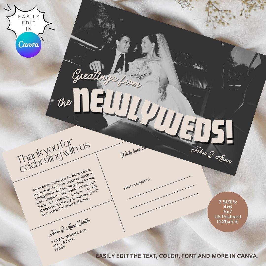 Editable Wedding Photo Thank You Card, Retro Newlywed Postcard, Vintage ...