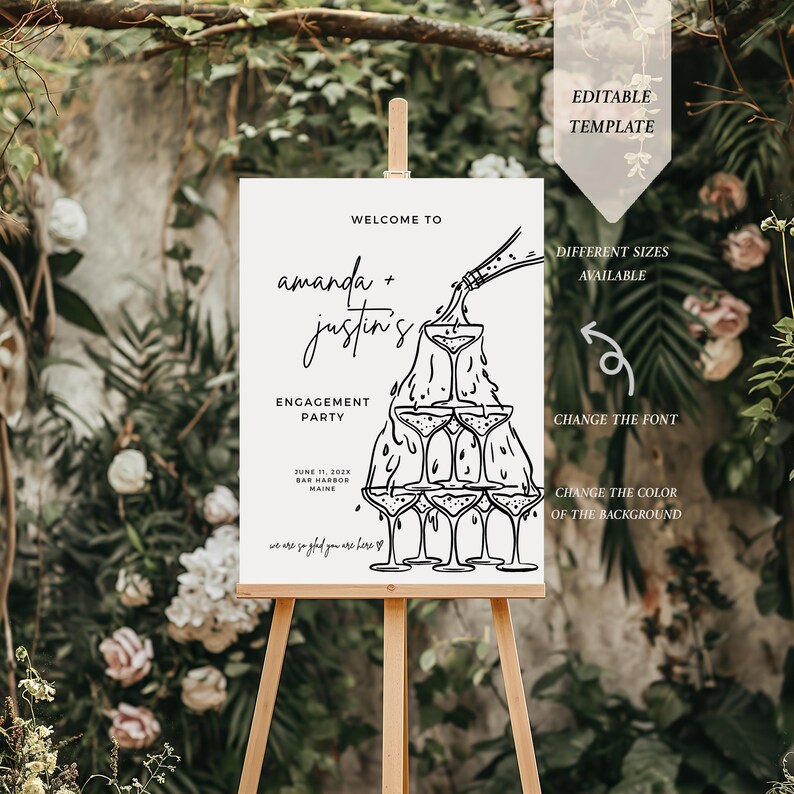 Engagement Party Welcome Sign Template, Editable Hand Drawn Champagne ...