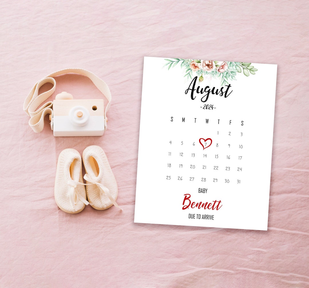 AUGUST 2024 PREGNANCY ANNOUNCEMENT Calendar, Custom Social Media Baby ...