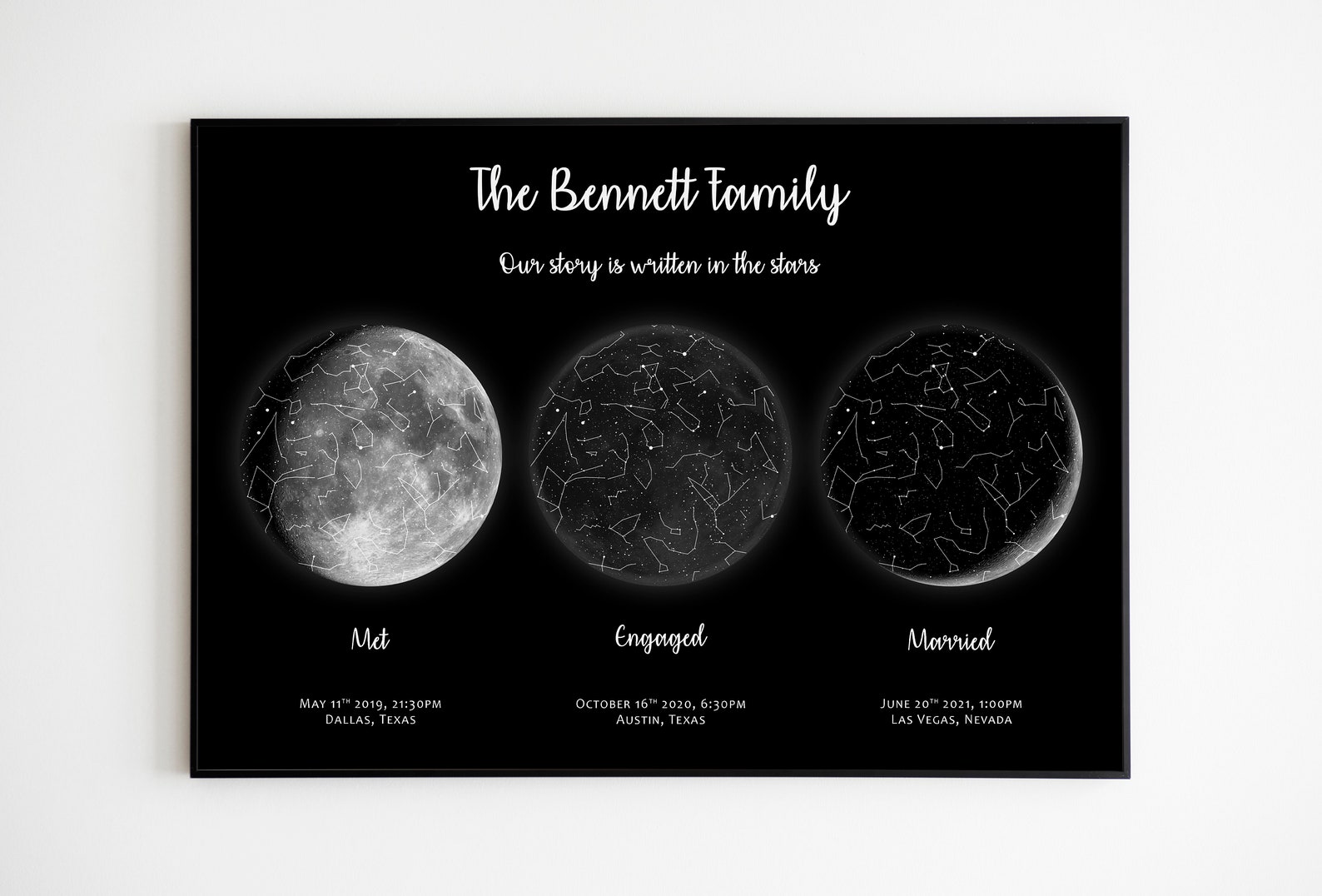 Met Engaged Married 3 Location MOON Phase STAR Map, Personalized ...