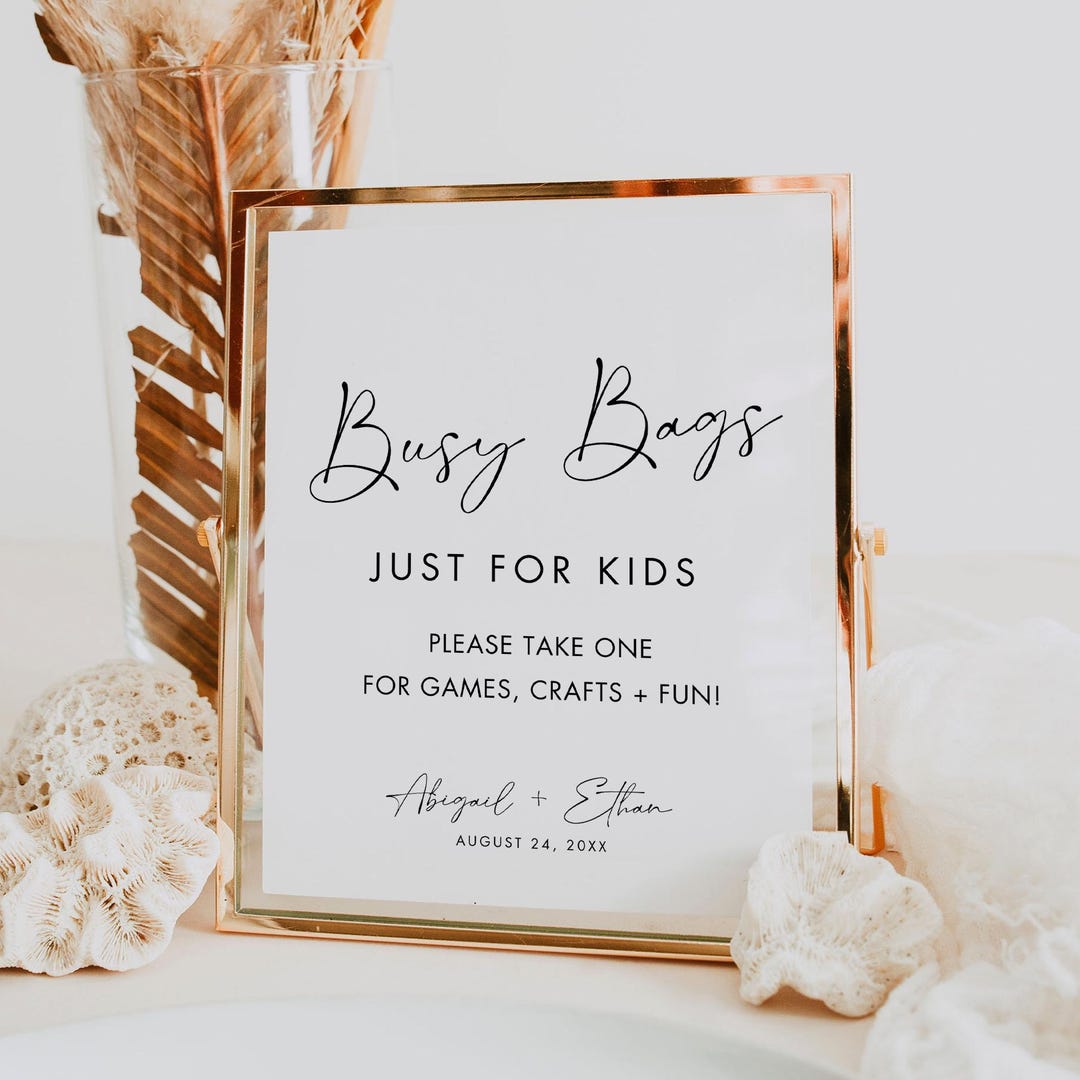 Kids Busy Bags Sign, Minimalist Wedding Kids Activity Signage, Editable ...