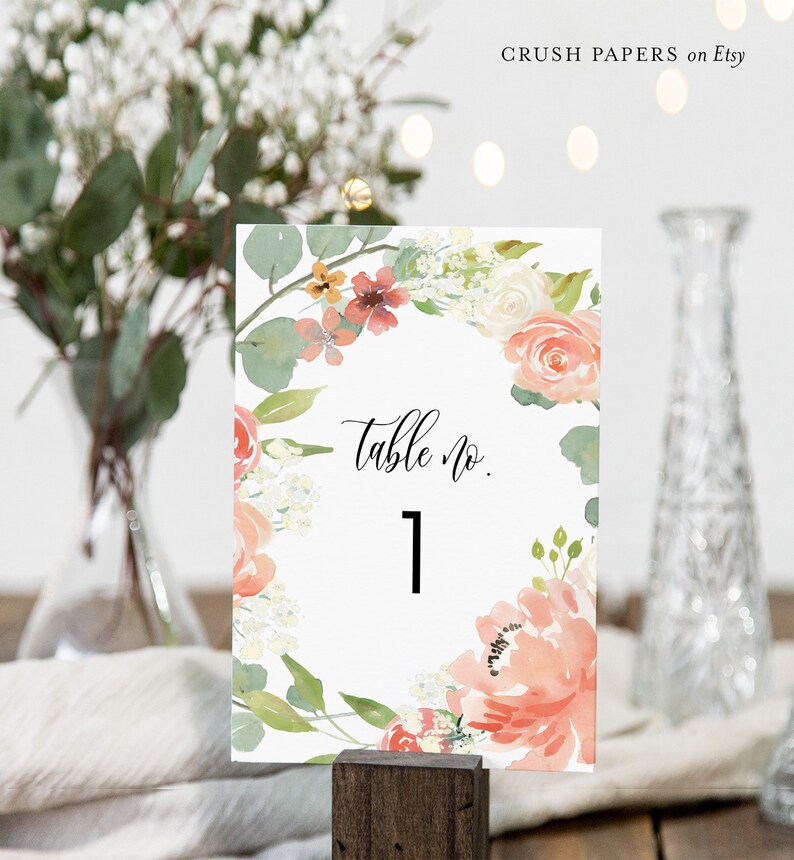 Peach Floral Table Number Card Template Printable Wedding - Etsy