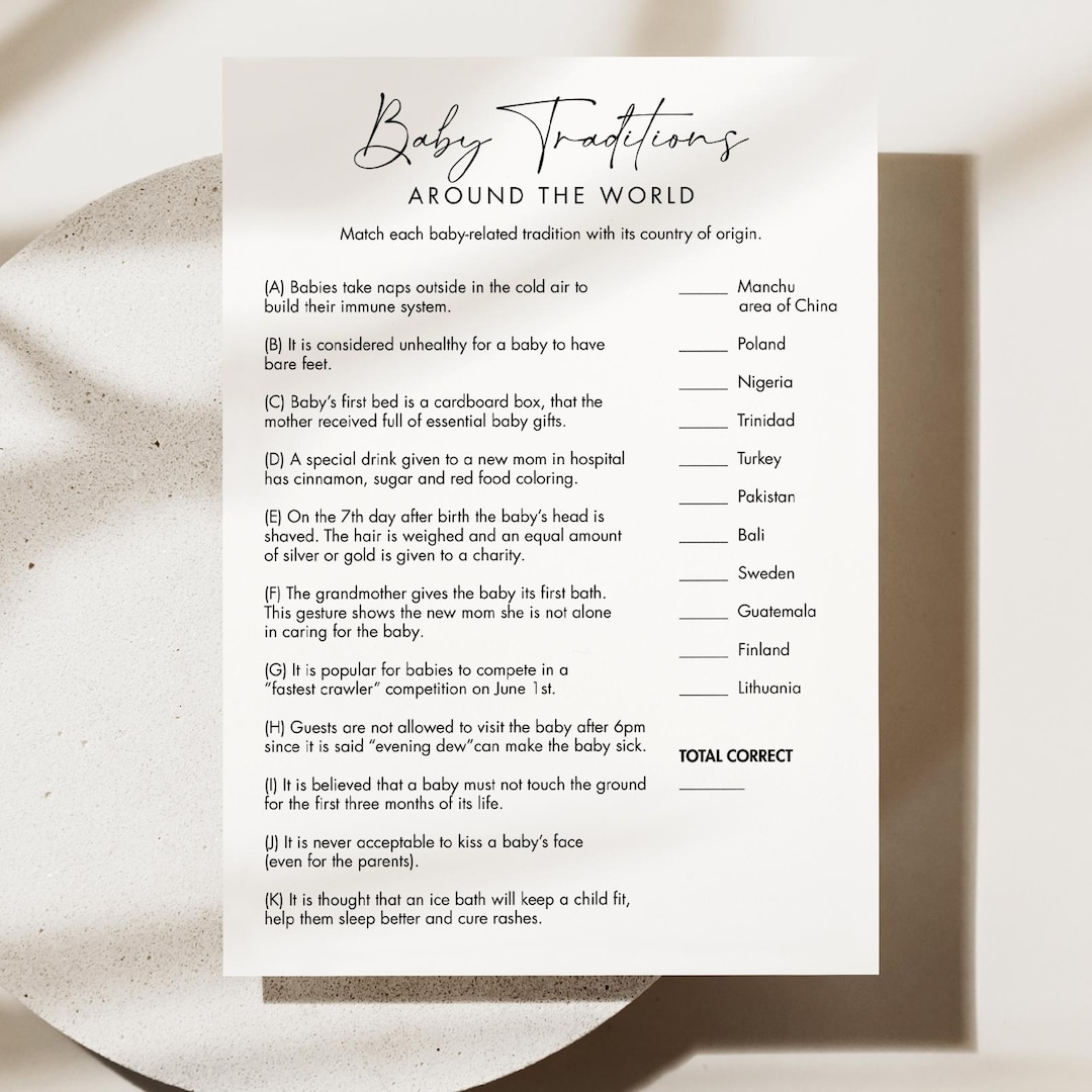 Baby Traditions Around the World, Minimalist Baby Shower Game Answer ...