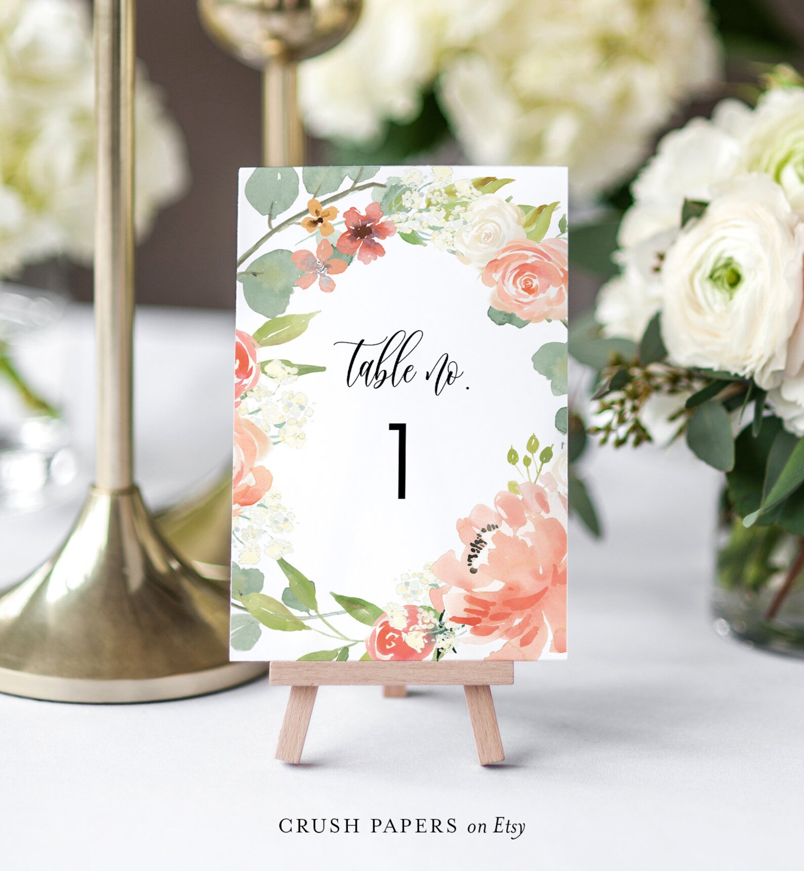 Peach Floral Table Number Card Template Printable Wedding - Etsy