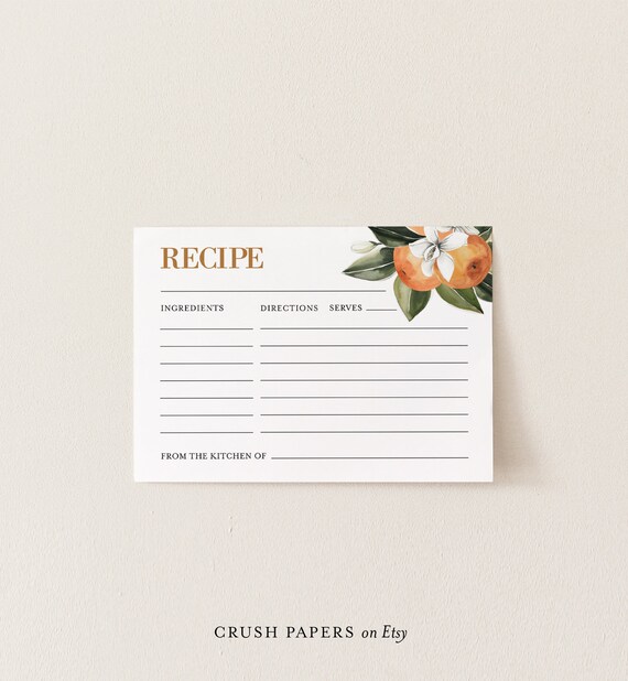 Orange Recipe Card Template Printable Citrus Bridal Shower | Etsy