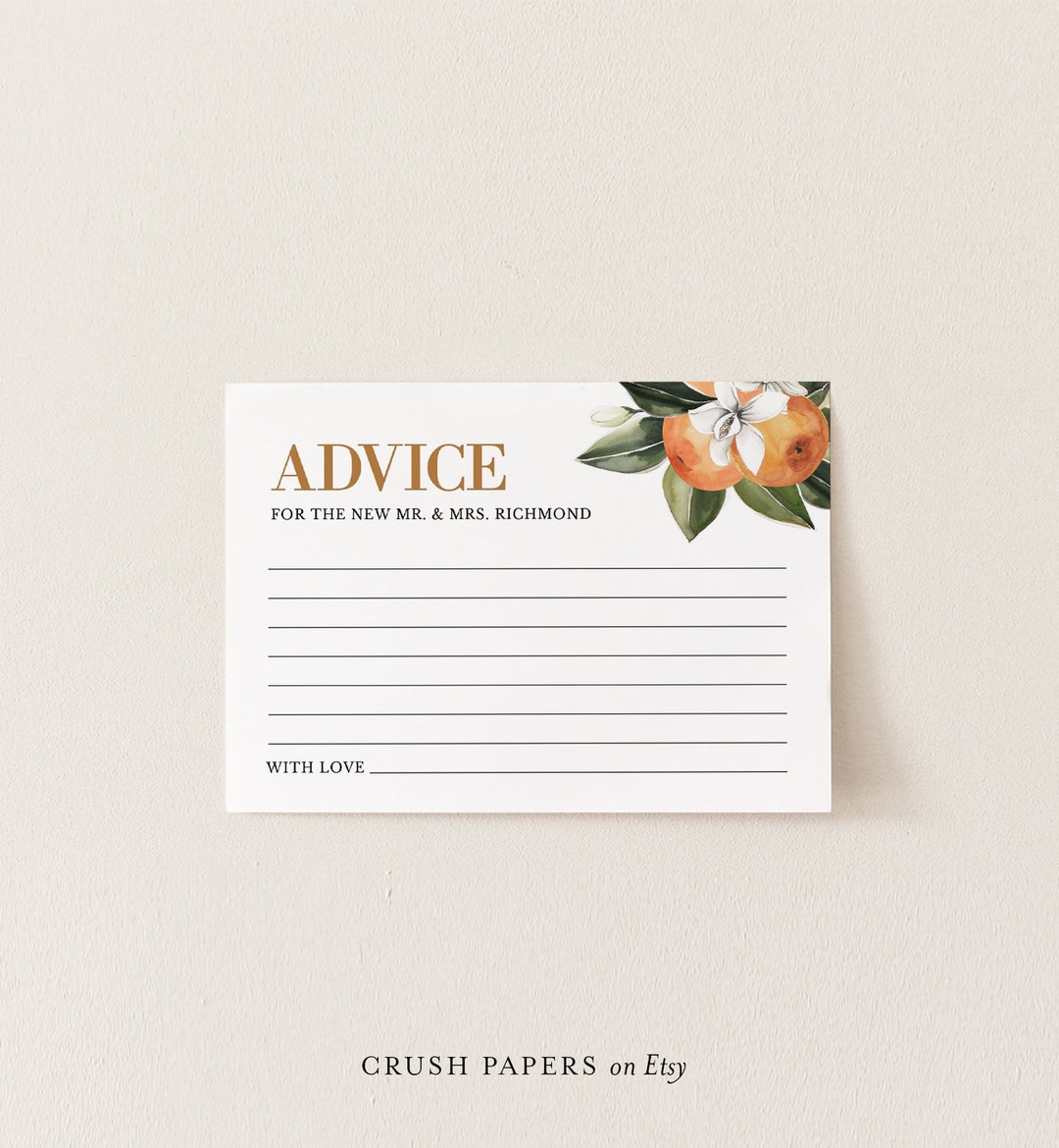 Orange Advice Card Template, Editable Citrus Wedding Advice, Bridal ...