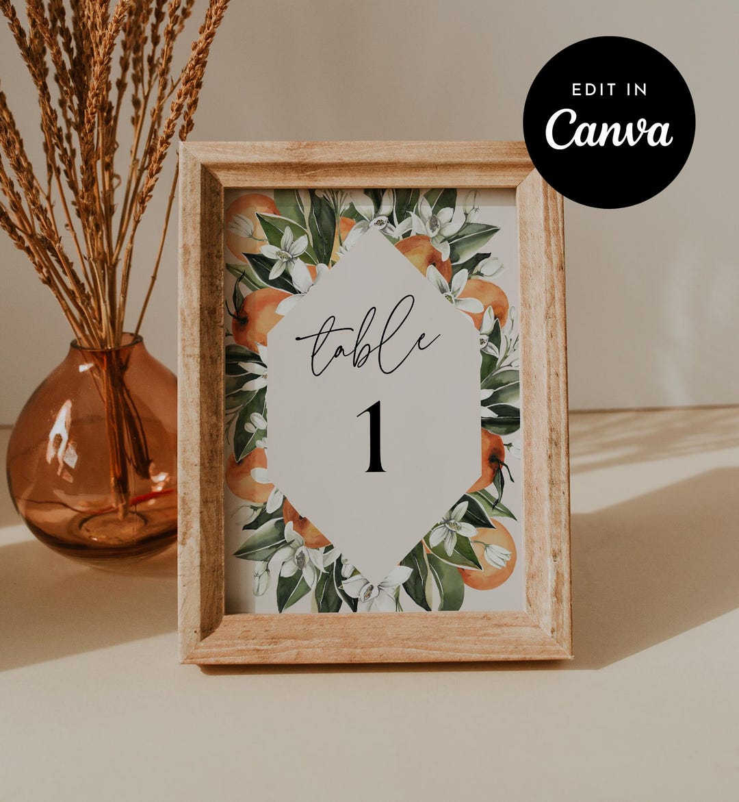 Orange Table Number Card Template, Printable Citrus Summer Wedding ...
