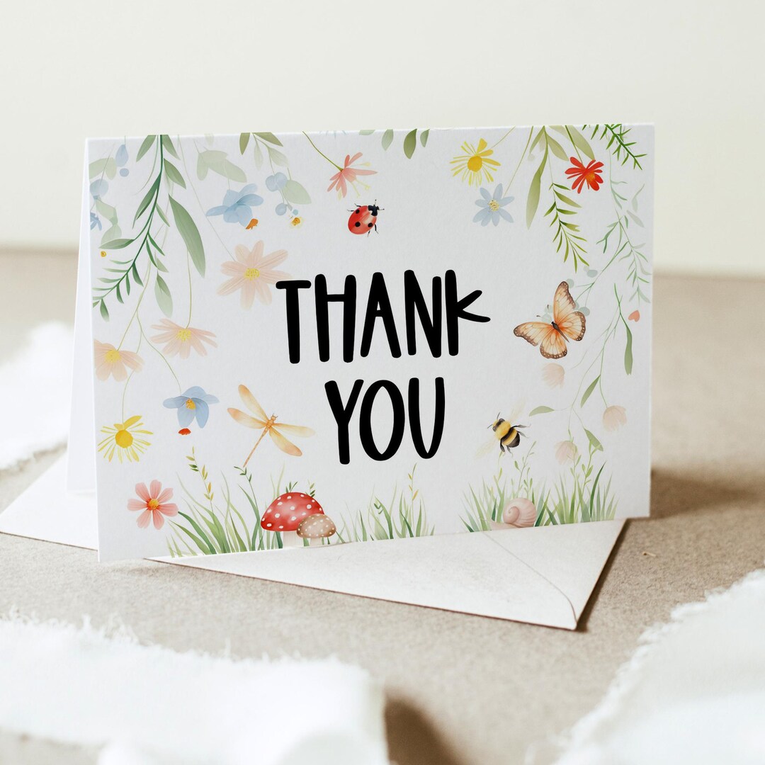 Love Bug Thank You Card, Folded and Flat Card, Ladybug, Butterfly ...