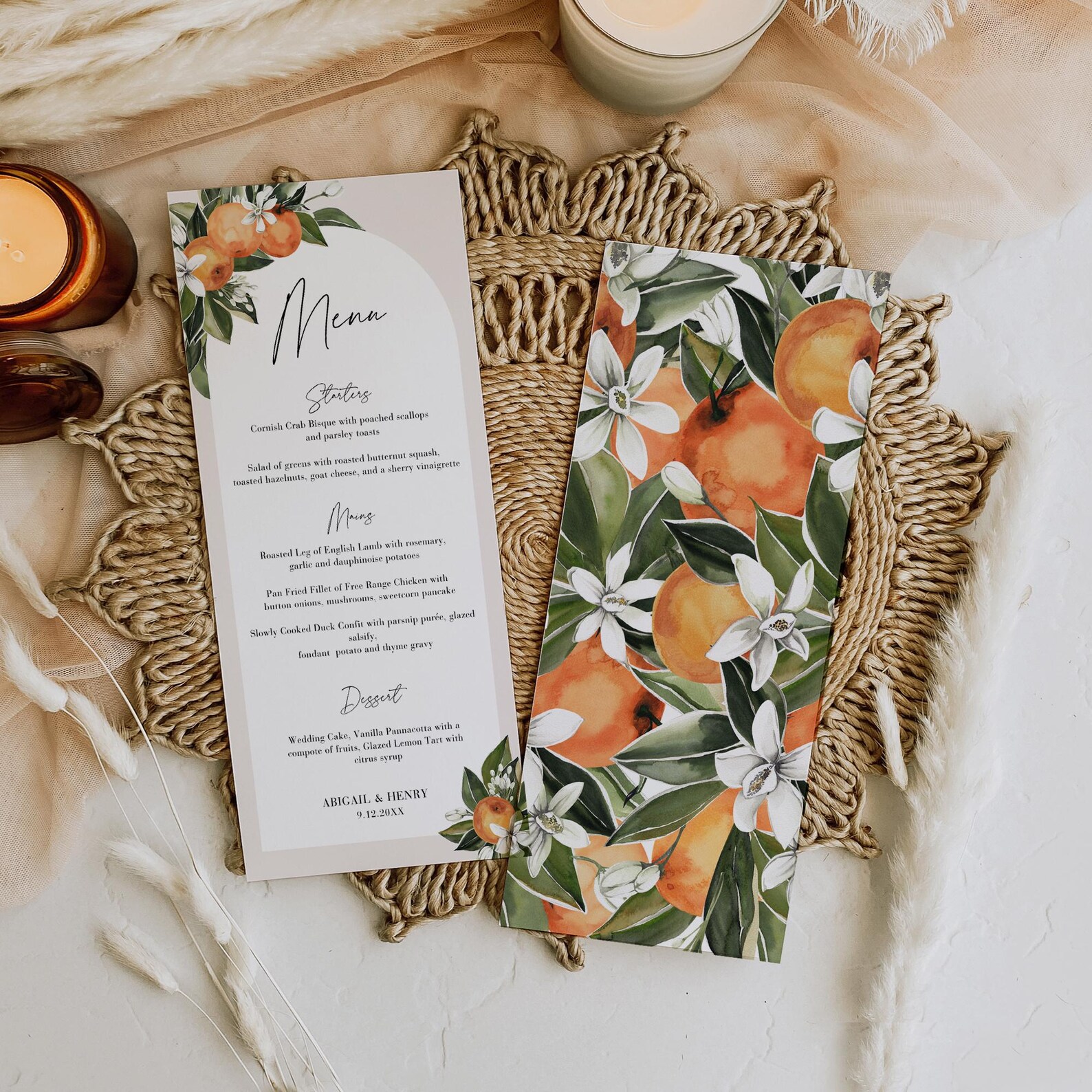 Orange Blossom Menu Card, Citrus Dinner Menu, Cutie, Tangerine, CANVA ...