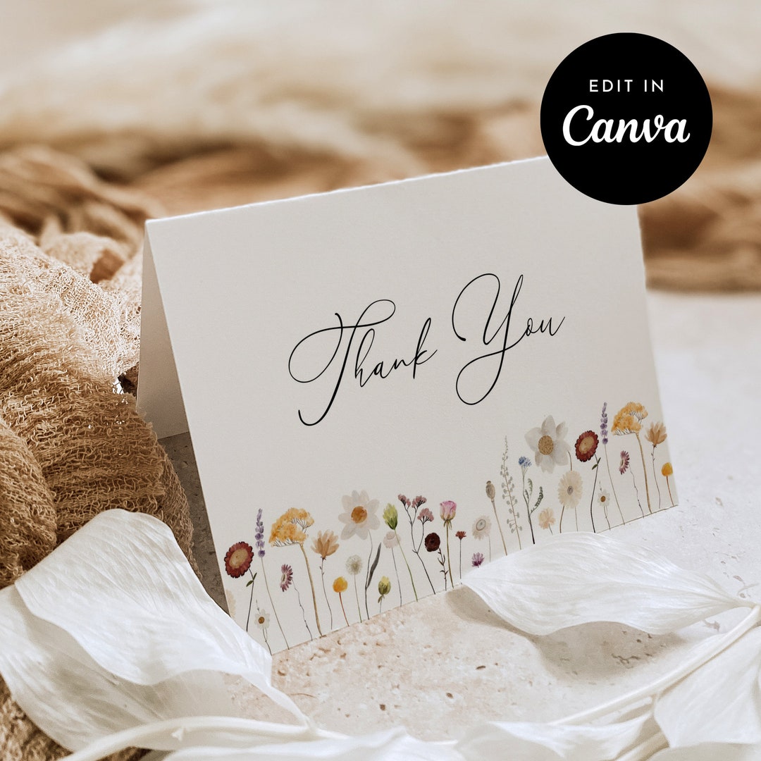 Wildflower Thank You Card Template, Folded Thank You Note, Wedding ...