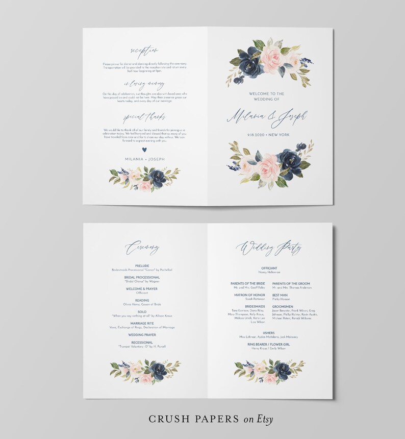 Wedding Program Template Printable Folded Program Order of - Etsy