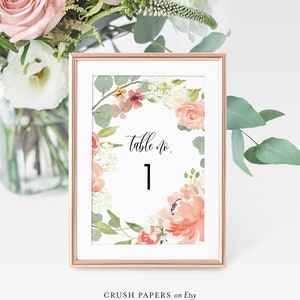 Peach Floral Table Number Card Template, Printable Wedding Table ...