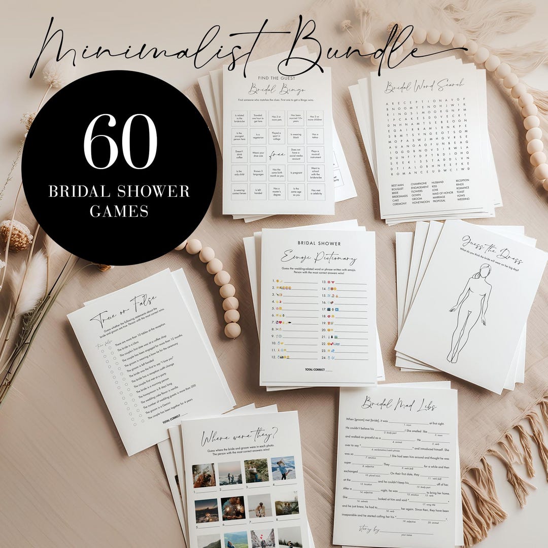 MEGA Bridal Shower Game Bundle, 60 Editable Games, Advice Card, Trivia, Puzzles, Minimalist ...