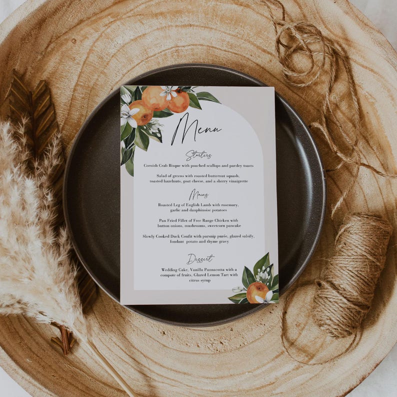 Orange Blossom Menu Card, Citrus Dinner Menu, Cutie, Tangerine, CANVA ...
